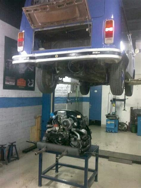Engine Of Vw T2 In Blue Truck Garage