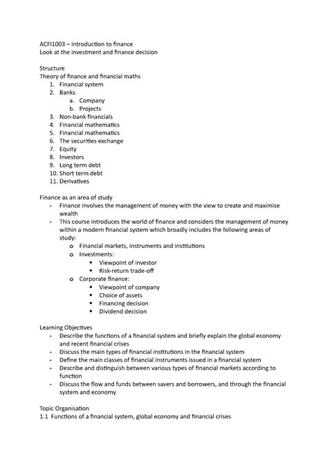 Finance Lecture Notes Week ACFI Introduction To Finance Look At The Investment And