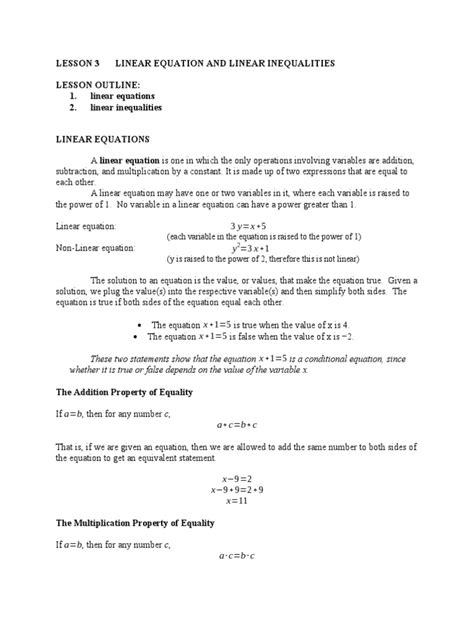 Lesson 3linear Equation And Linear Inequalities Pdf Equations Inequality Mathematics