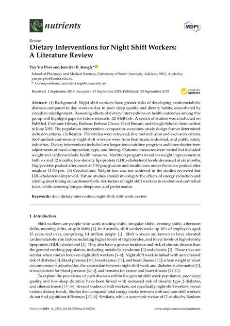 Pdf Dietary Interventions For Night Shift Workers A Literature Review