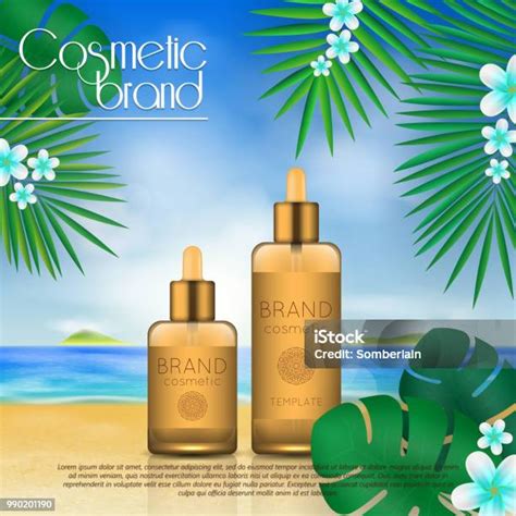 이국적인 야자수와 해변 배경에 여름 선크림 화장품 디자인 서식 파일 나뭇잎 3d 현실 태양 보호와 제품 광고입니다 3차원 형태에 대한 스톡 벡터 아트 및 기타 이미지