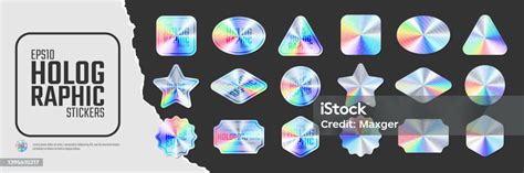 무지개 빛 컬러 홀로그램 스티커 다양한 모양의 품질 홀로그램 무지개 반짝이는 엠블럼 세트 벡터 일러스트 레이 션 모형 디자인 라벨 태그 홀로그램에 대한 스톡 벡터 아트 및
