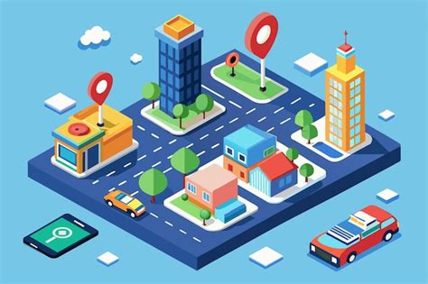 A Colorful Isometric Depiction Of A City Layout Showcasing Customizable Gps Navigation Elements