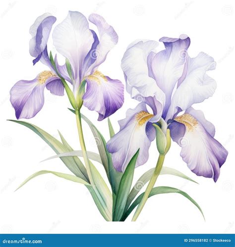 Hand Painted Iris Flowers On White Background Realistic Watercolor Art Stock Illustration