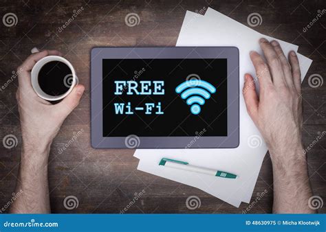 Tablet With Wi Fi Connection On A Wooden Desk Stock Image Image Of Center Radio 48630975
