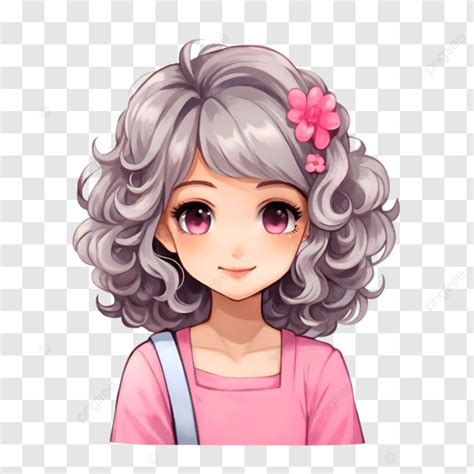 곱슬 회색 머리와 분홍색 꽃을 가진 애니메이션 소녀 일본 만화 영화 곱슬 회색 머리를 가진 소녀 핑크 꽃 Png 일러스트 및 이미지 에 대한 무료 다운로드 Pngtree