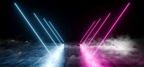 연기 안개 어두운 빈 검은 삼각형 네온 빛나는 레이저 형광 가상 현실 블루 퍼플 활기찬 조명 그런 지 콘크리트 반사 바닥 빈 홀 룸 터널 3d 렌더링 0명에 대한 스톡 사진