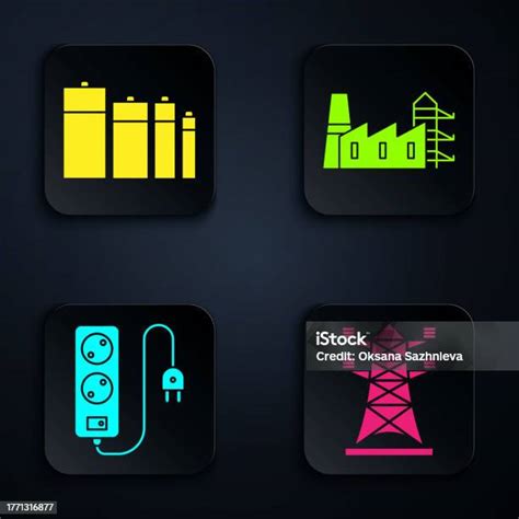고전압 전봇대 선 건전지 전기 연장 코드 및 발전소 식물 및 공장을 놓으십시오 검은색 사각형 버튼입니다 벡터 가득 찬에 대한 스톡 벡터 아트 및 기타 이미지 Istock