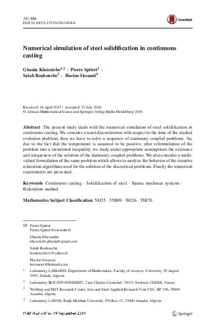 Pdf Numerical Simulation Of Steel Solidification In Continuous Casting