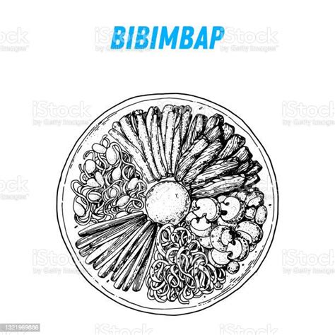 비빔밥 스케치 한국 음식 손으로 그린 벡터 그림 스케치 스타일입니다 맨 위 보기입니다 빈티지 벡터 일러스트레이션 한국에 대한