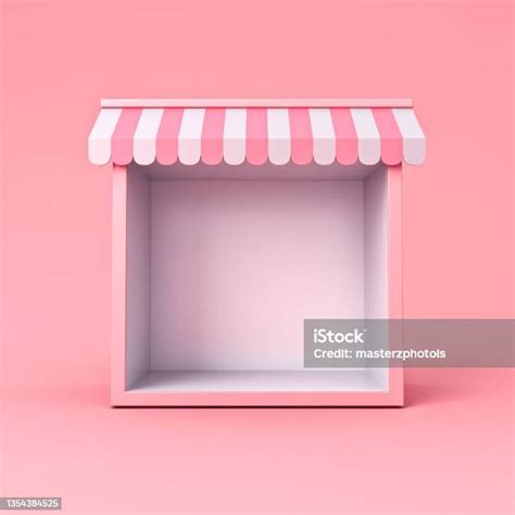 핑크 파스텔 컬러 배경 최소한의 개념에 고립 된 분홍색 줄무늬 차양이있는 빈 달콤한 전시 부스 상점 또는 빈 디스플레이 가게 스탠드 3차원 형태에 대한 스톡 사진 및 기타