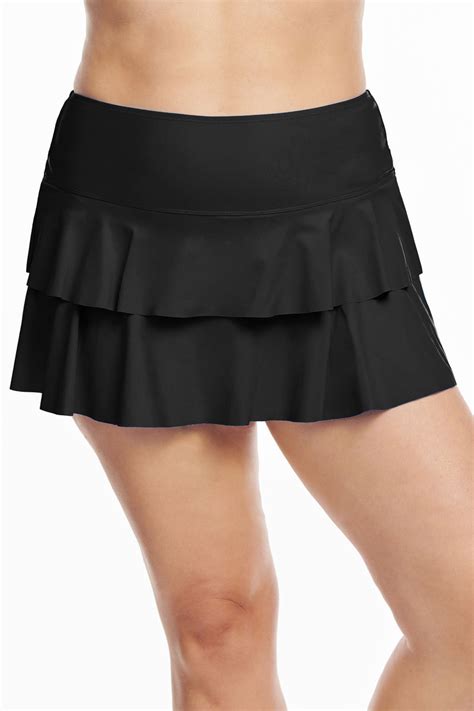 Plus Size Double Ruffle Swim Skirt In Solid Black Mazu Apparel