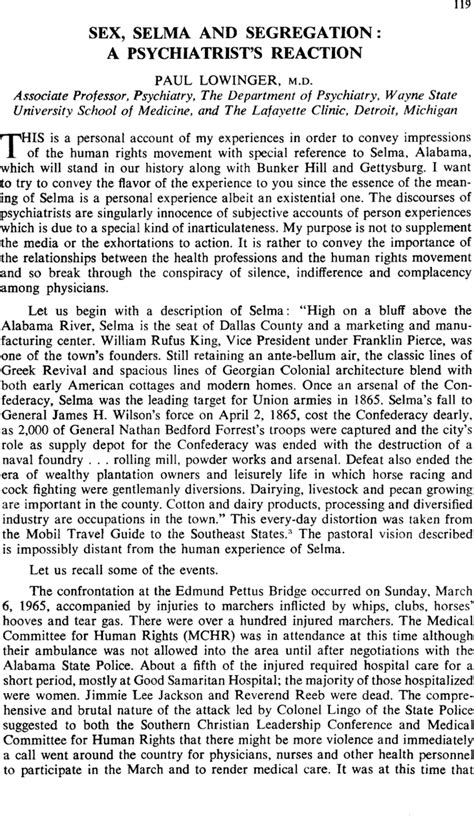 Sex Selma And Segregation A Psychiatrists Reaction Paul Lowinger 1968