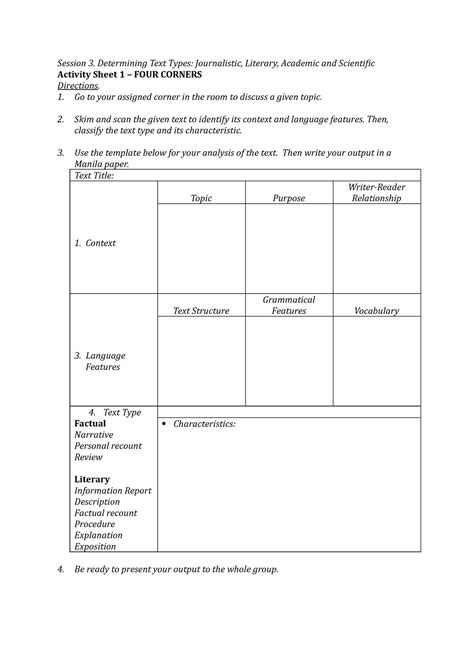 activity sheets session 3 text types session 3 determining text