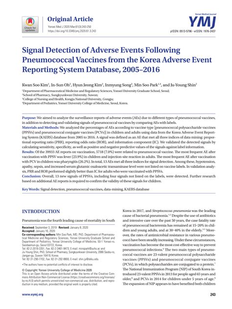 Pdf Signal Detection Of Adverse Events Following Pneumococcal Vaccines From The Korea Adverse