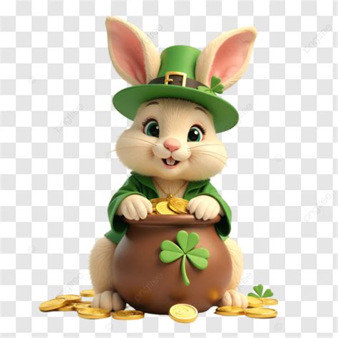 세인트 패트릭 S 데이 버니 레프 러콘 요한 모자 골드 코인 클로버 귀여운 토끼 만화 클립 아트 일러스트 성 Patrick S Day Bunny Leprechaun