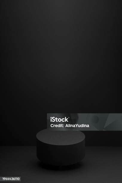 비행 검은 둥근 연단 그림자가 있는 검은색 배경에 모형 수직 프리젠 테이션 화장품 선물 상품 광고 디자인 디스플레이 미니멀리스트 스타일로 보여주는 장면 템플릿입니다