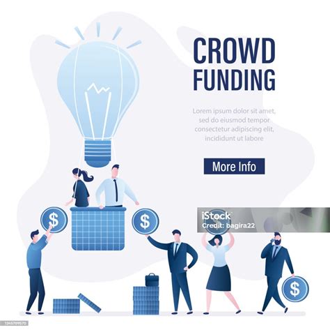 크라우드 펀딩 방문 페이지 템플릿 기금 모금 배너 개념 아이디어 풍선에 창조적 인 사람들 투자자 그룹은 달러 동전을 제공합니다 개념에 대한 스톡 벡터 아트 및 기타 이미지