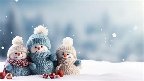 Cute Knitted Snowmen In The Snow Christmas Background Premium Ai