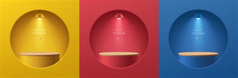 원형 창 벽 장면에서 노란색 파란색 및 빨간색 현실적인 실린더 받침대 연단이 있는 3d 배경 세트 최소한의 모형 빈 제품 디스플레이 추상 벡터 3d 렌더링 라운드 스테이지