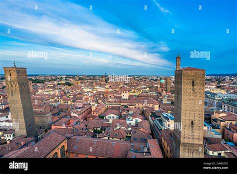 Aerial View Of Bologna Cathedral And Towers Above Of The Roofs Of Old