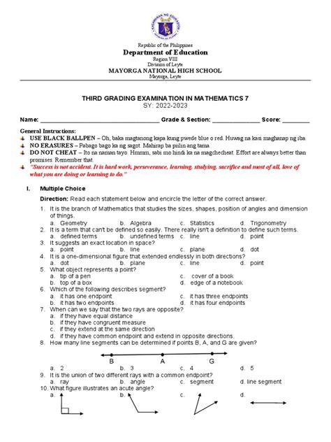 Math 7 3rd Grading Exam Pdf Angle Polygon