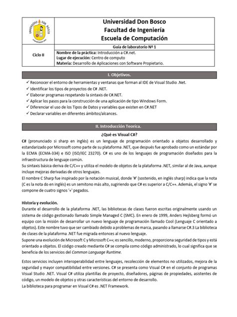 Guia 01 Guia Pdf C Sharp Lenguaje De Programación Net Framework