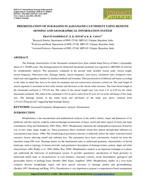 Eng Morphometric Analysis Of Sub Basins In Jaisamand Catchment Using Geographical Information