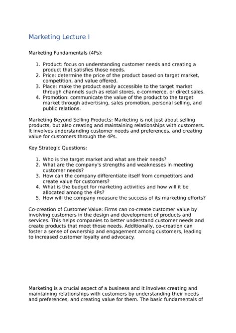 Mktg1203 Lecture 1 Notes On The First Lecture In Mktg1203 Marketing Lecture I Marketing