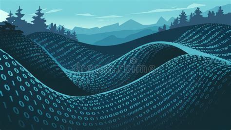 Futuristic Landscape With Binary Code Waves Representing Data Flow In