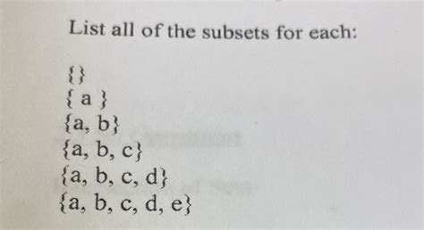list all of the subsets for each a a b a b c a b c d a b c d e [math]