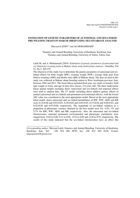 Pdf Estimation Of Genetic Parameters Of Autosomal And Sex Linked Pre Weaning Traits In Makuie