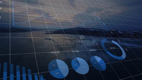 Animation Of Graphs And Charts Overlaying Coastal Landscape In School Presentation Stock Footage