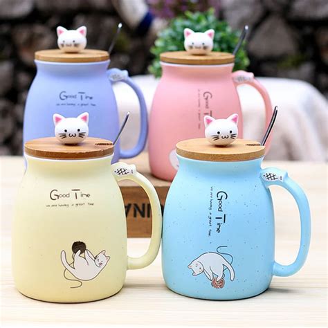새로운 참깨 고양이 내열성 컵 컬러 만화 뚜껑 컵 새끼 고양이 우유 커피 세라믹 머그잔 어린이 컵 사무실 선물mugs