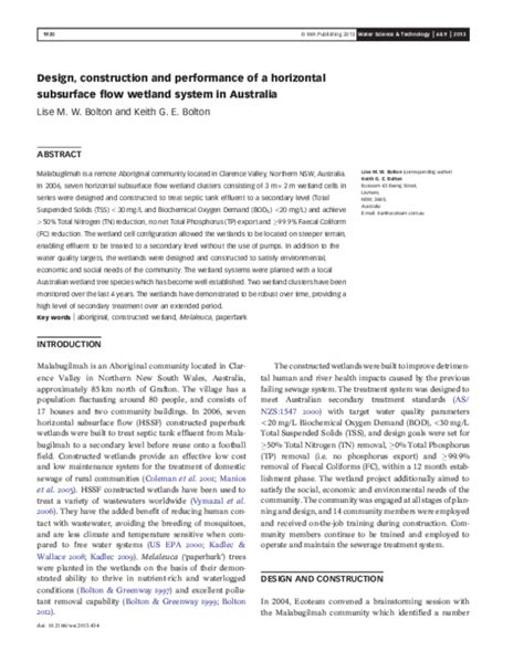 Pdf Design Construction And Performance Of A Horizontal Subsurface Flow Wetland System In