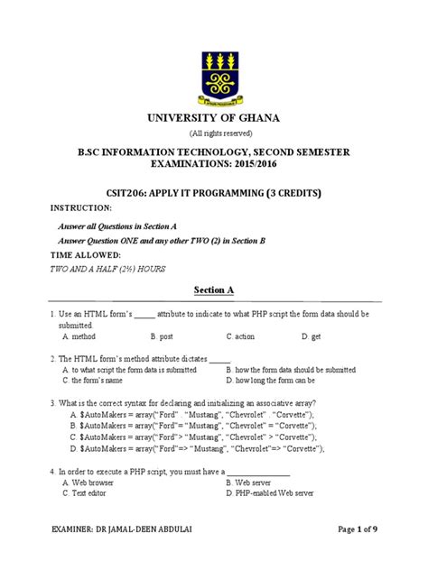 Csit 206 End Semester Exams Questions Final Pdf Php C