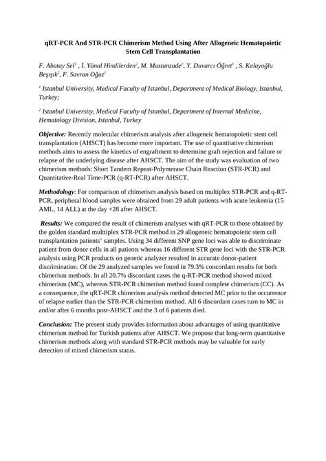 Pdf Qrt Pcr And Str Pcr Chimerism Method Using After Allogeneic