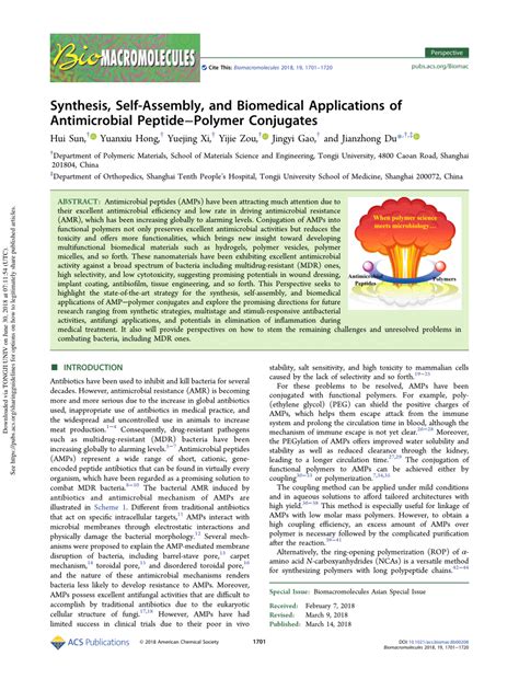 Pdf Synthesis Self Assembly And Biomedical Applications Of Antimicrobial Peptide Polymer