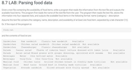 Solved 87 Lab Parsing Food Data Given A Text File