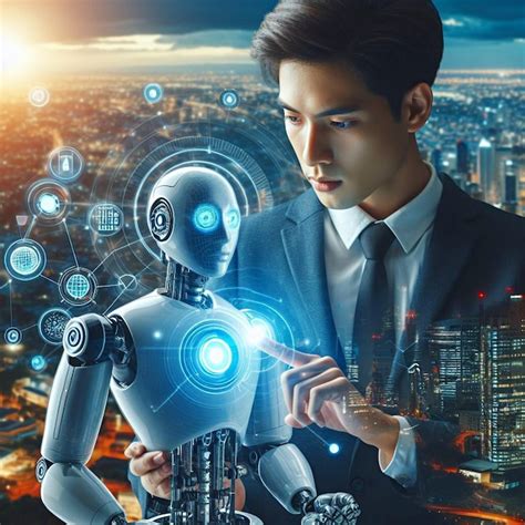 premium photo man using technology with smart robot ai and robotics