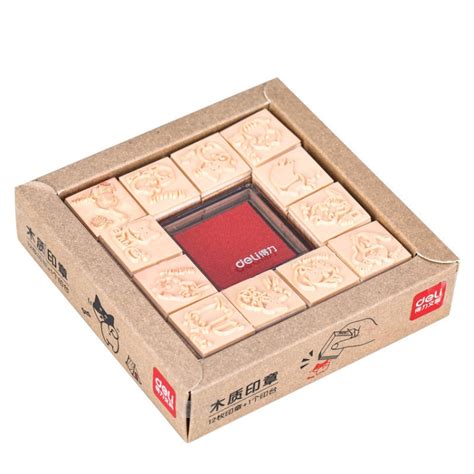 델리 74836 12 개대 나무 만화 스탬프 손 계정 도구 귀여운 고양이 스탬프 세트