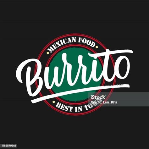 부리토 멕시코 식품 라벨 블랙배경에 고립 된 손으로 그린 굵은 글자 타이포그래피와 벡터 그림 레스토랑 또는 바 메뉴에 대한 로고 디자인 템플릿입니다 전통 음식 트렌드 로고에