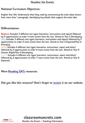Ks2 Sats Reading Practice Number The Events By Classroom Secrets Teaching Resources