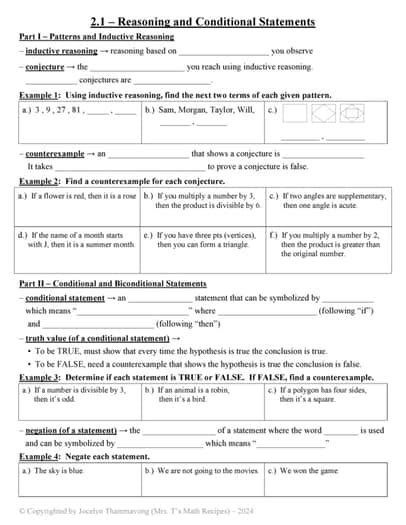 Nc Math 2 Section 2 1 Notes Reasoning And Conditional Statements