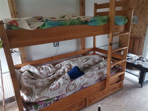 Масивно дървено двуетажно легло с чекмеджета и матраци Легло Мебели за дома и офиса Го