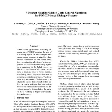 K Nearest Neighbor Monte Carlo Control Algorithm For Pomdp Based Dialogue Systems Acl Anthology