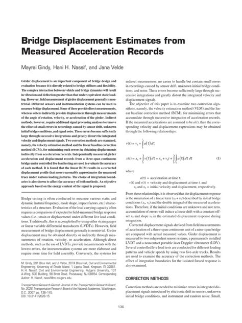 2007 Bridge Displacement Estimates From Measured Acceleration Records Mayrai Gindy Hani H