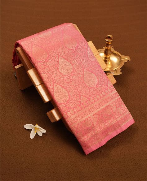 Pink Colour Semi Silk Brocade Saree Featuring Intricate Gold Floral Ko