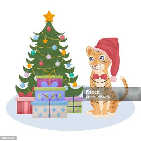 선물과 축제 크리스마스 트리 옆에 앉아 빨간 모자에 귀여운 호랑이를 갖춘 귀여운 크리스마스 그림 새해의 상징 어린이 새해 S 일러스트 홀리데이 카드 벡터 2022년에 대한