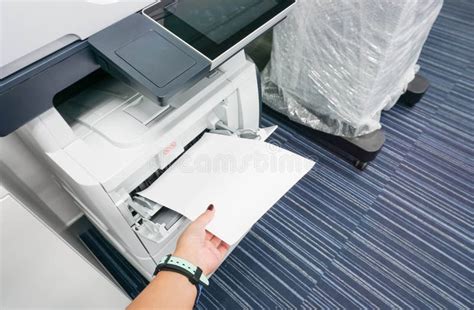Woman Put Stack Of Paper Into Printer Stock Image Image Of Color Machine